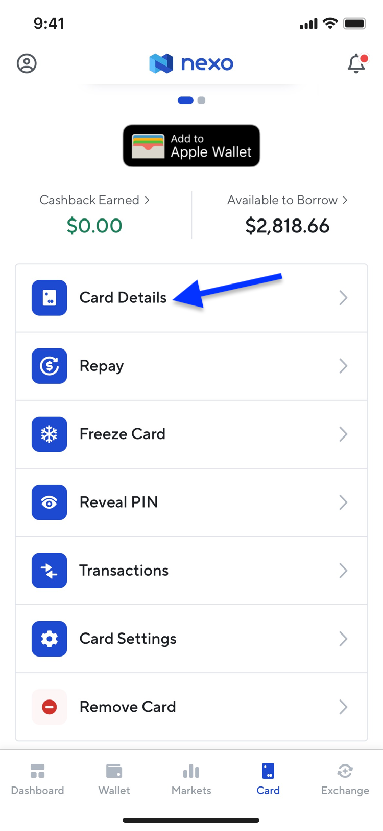 Where can I see the card details of my Nexo Card? • Nexo