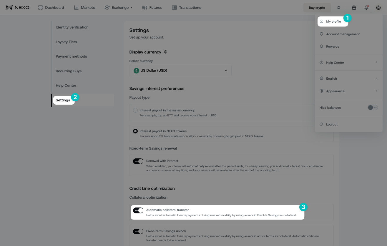 Automatic collateral transfer • Nexo